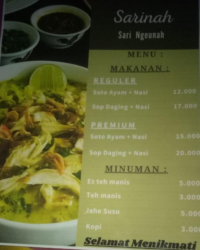 Carta del restaurante Sarinah Sop "n" Soto, Cileungsi Kidul