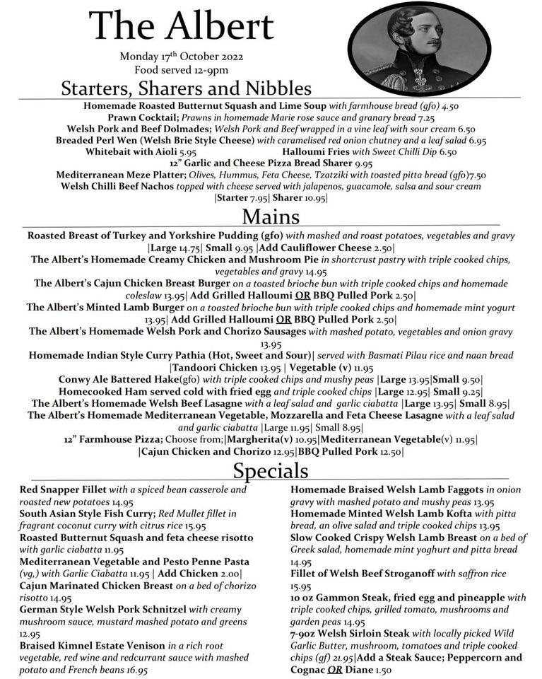 Menu at The Albert pub & bar, Llandudno