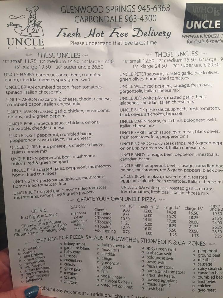 Menu at Uncle Pizza pizzeria, Glenwood Springs, S Grand Ave