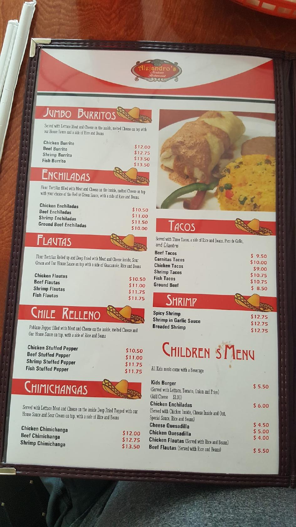 Menu at Alejandro's restaurant, Brooksville