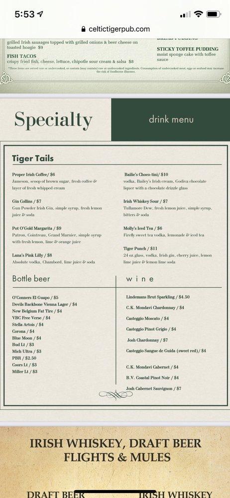 Menu at CELTIC TIGER pub & bar, Chesapeake