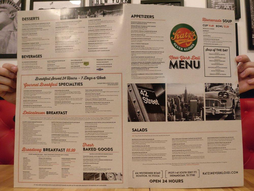 Menu at Katz's restaurant, Houston, 616 Westheimer Rd