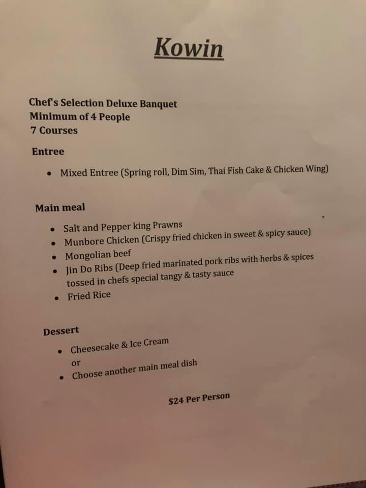 Menu at Kowin Chinese Restaurant, Taree, 22 Chatham Ave
