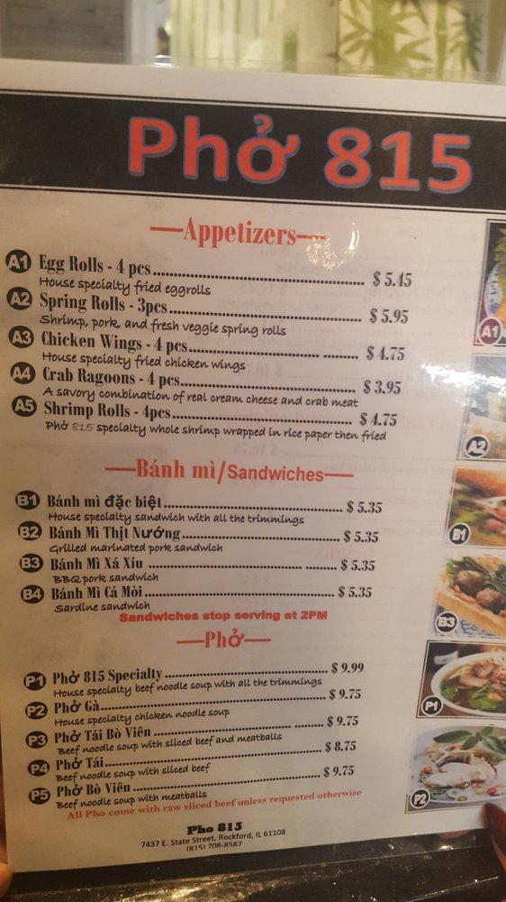 Menu at Pho 815 restaurant, Rockford, E State St