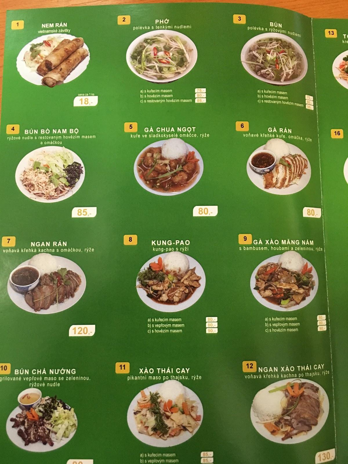 Menu at Pho Viet restaurant, Ústí nad Labem