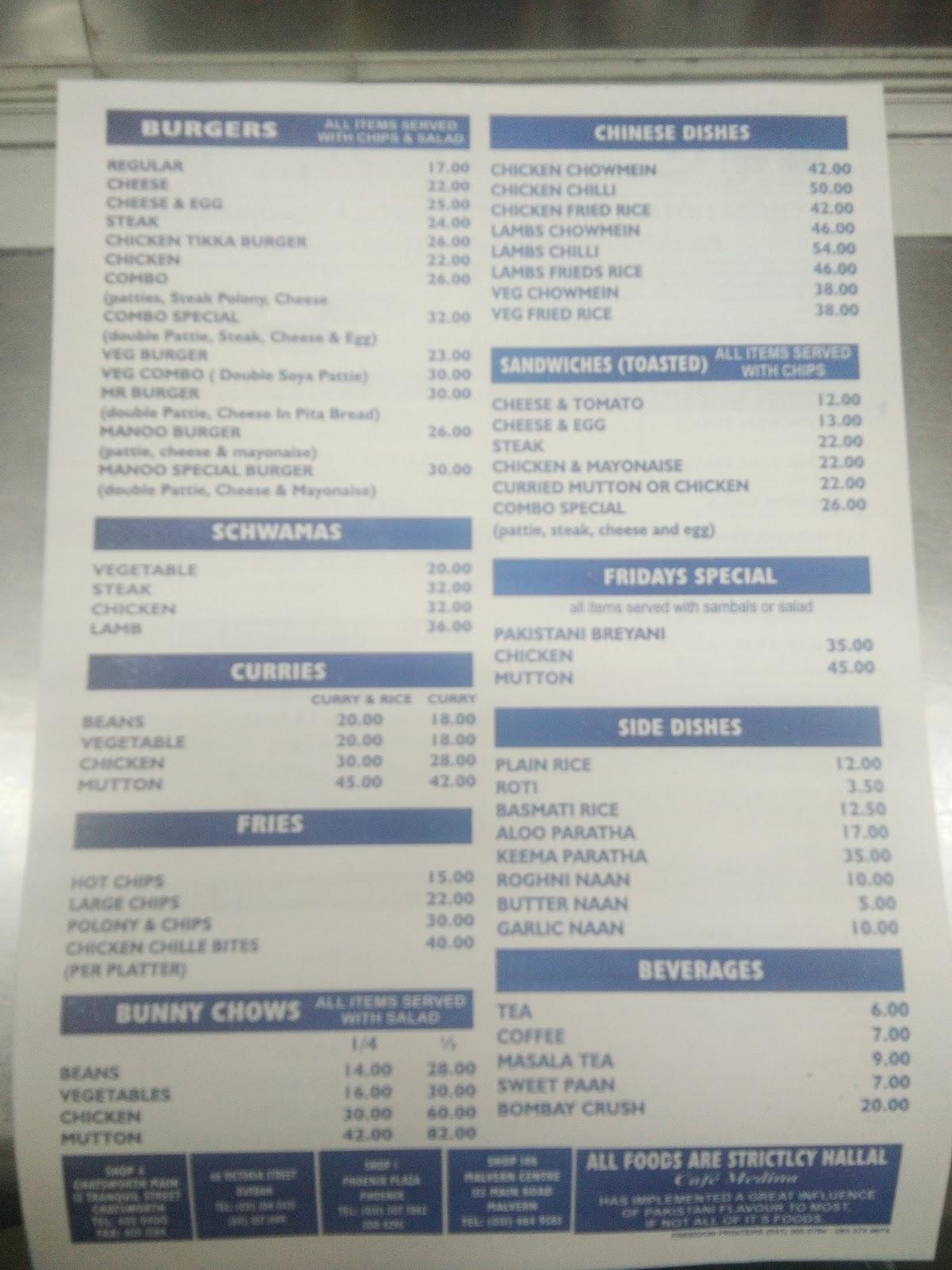 Menu at cafe medina, Pietermaritzburg