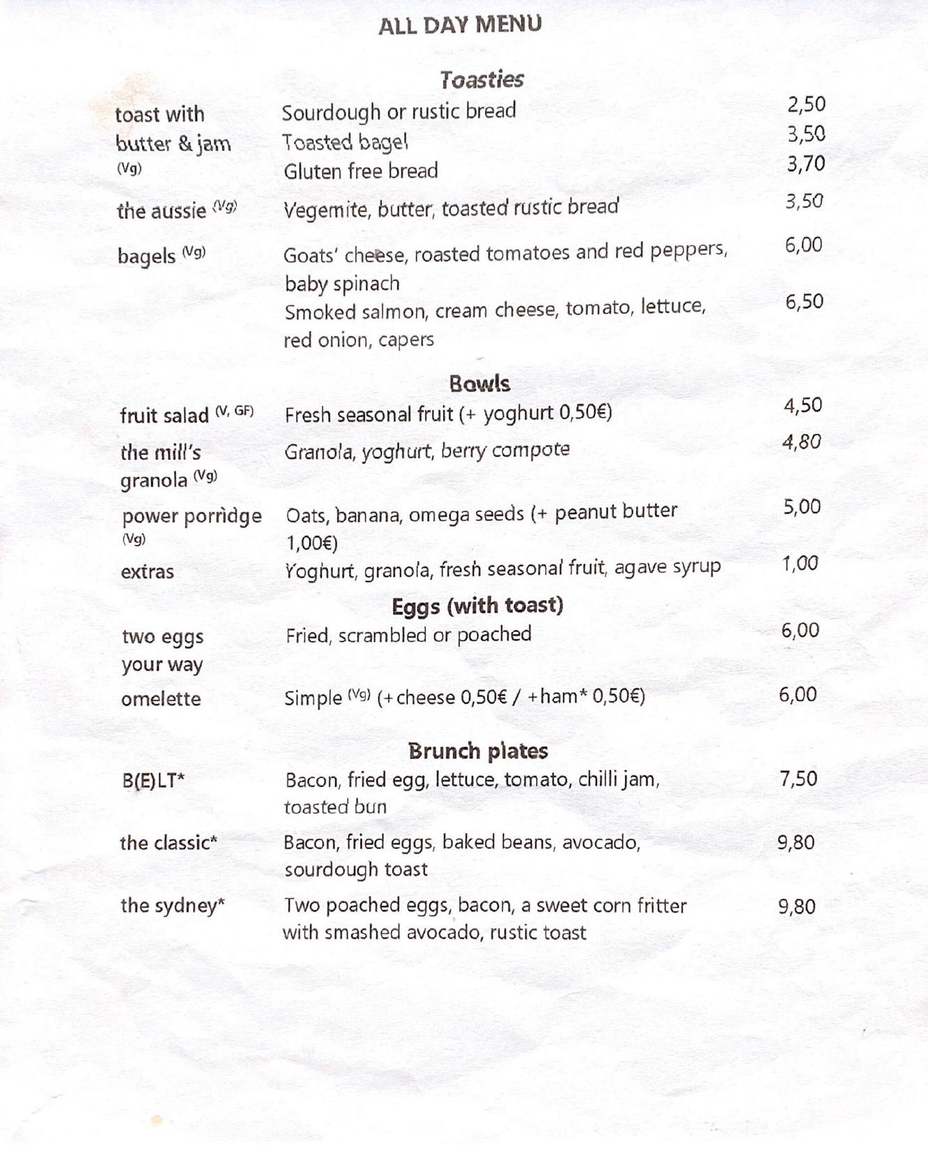 Menu at the mill pub & bar, Lisbon