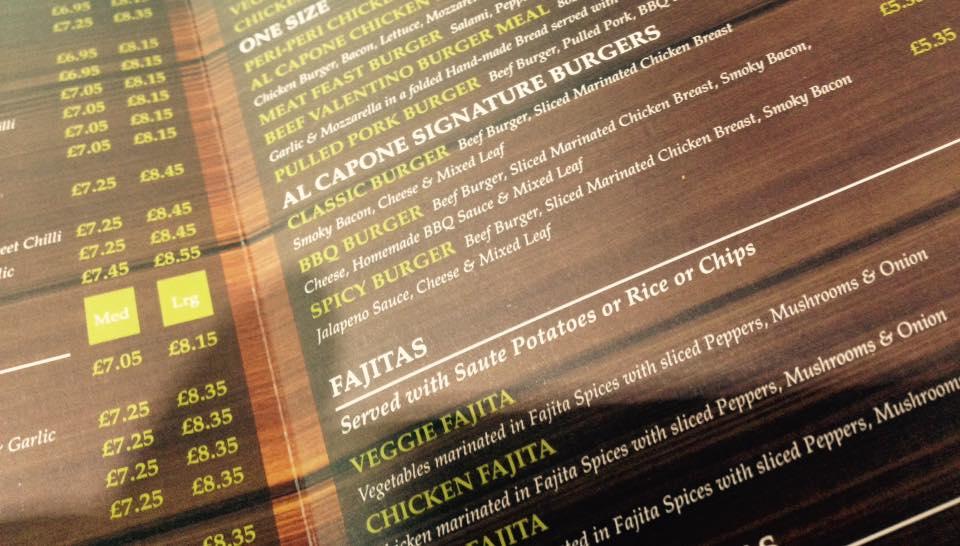 Menu at Al Capone fast food, Hull