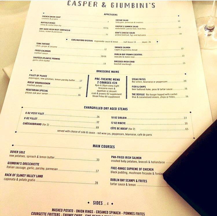 Menu at Casper & Giumbini's restaurant, Dublin, Unit 8 The Pavilion