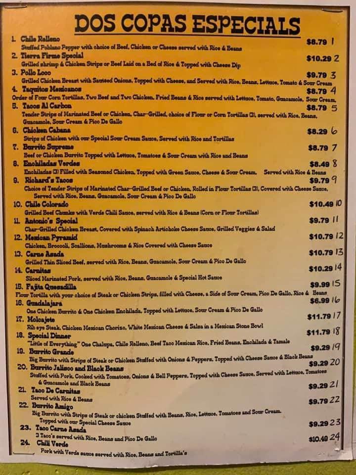 Menu at Dos Copas Mexican Grill restaurant, Madisonville