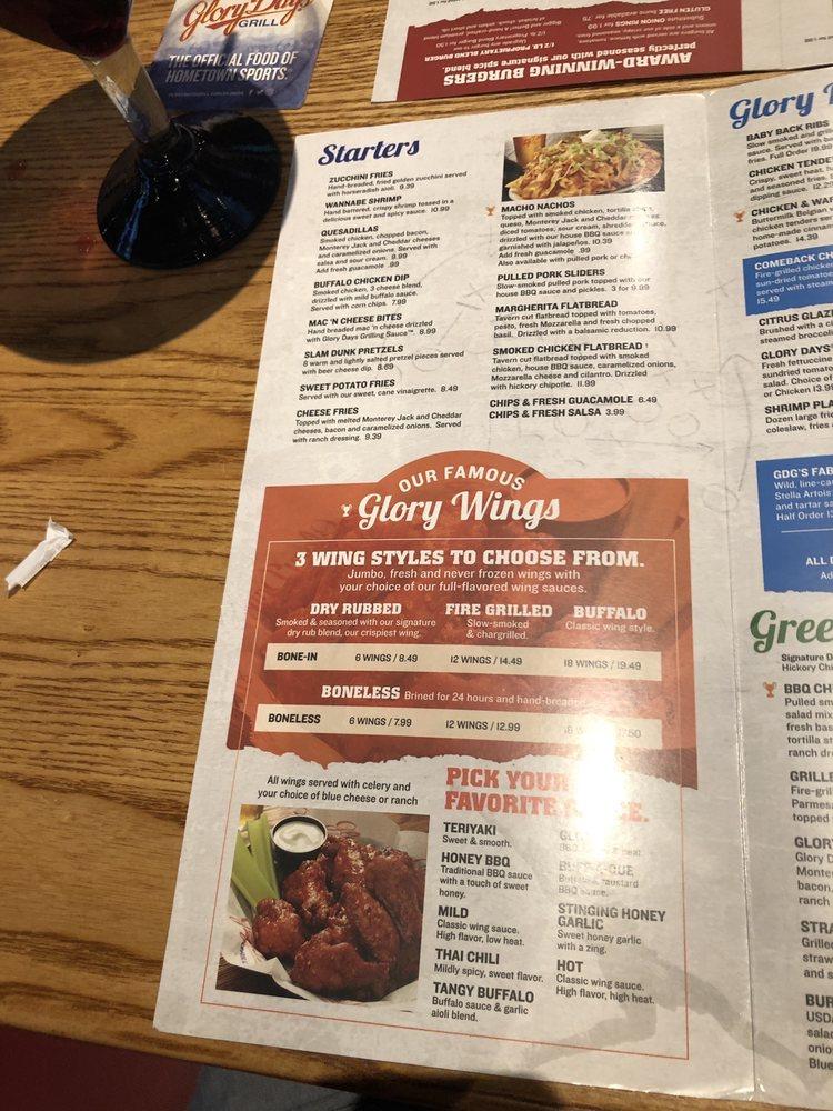 Menu at Glory Days Grill pub & bar, Tallahassee