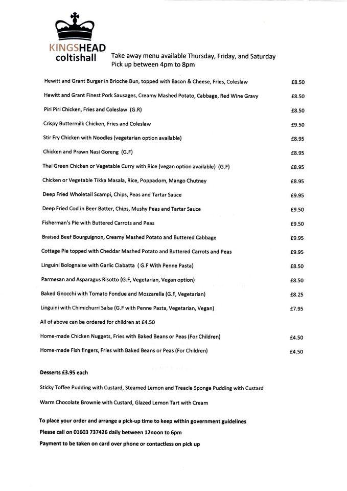 Menu at King's Head Coltishall pub & bar, Norwich, 26 Wroxham Rd