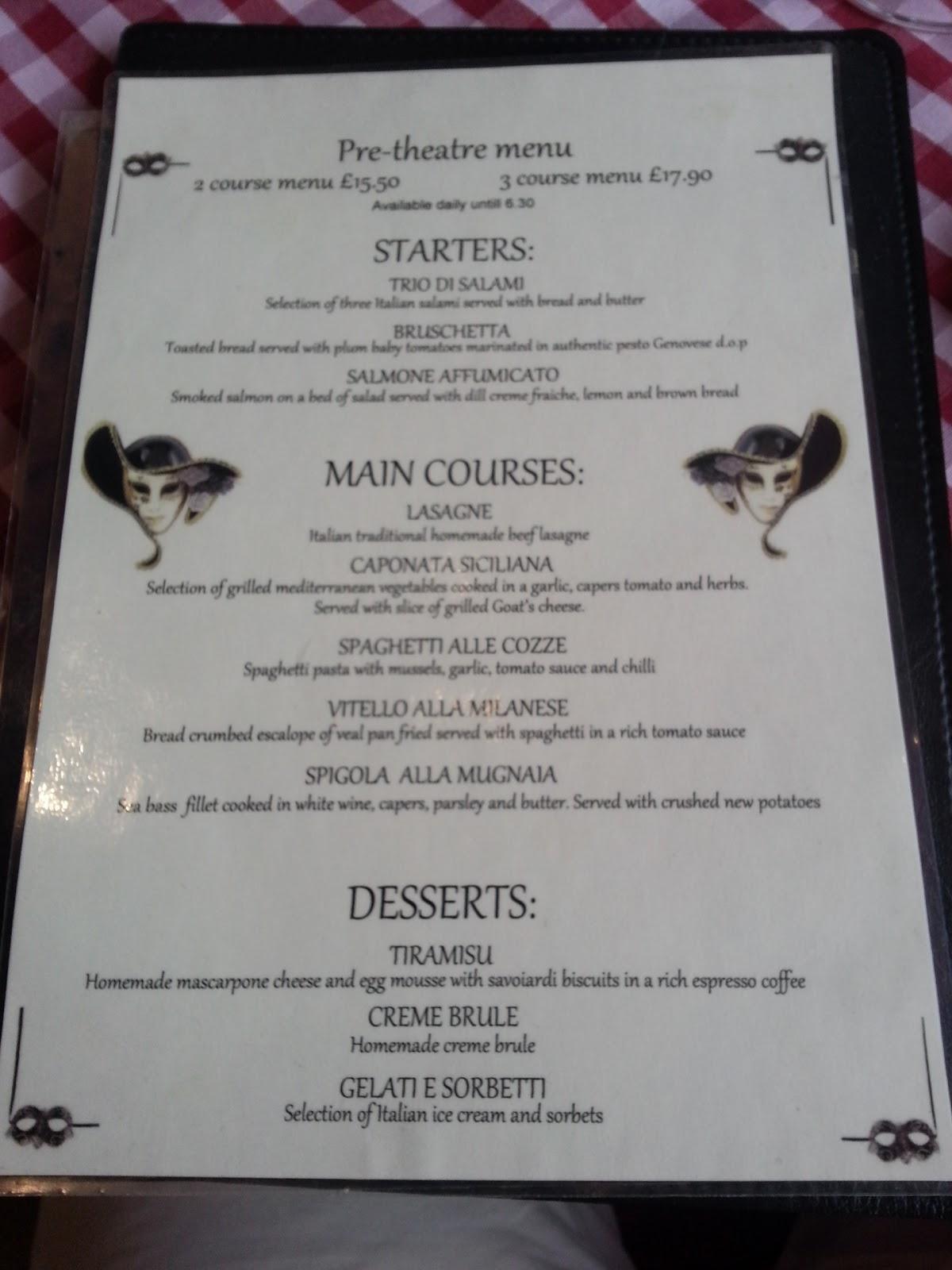 Menu at Rossi's Eastbourne restaurant, Eastbourne
