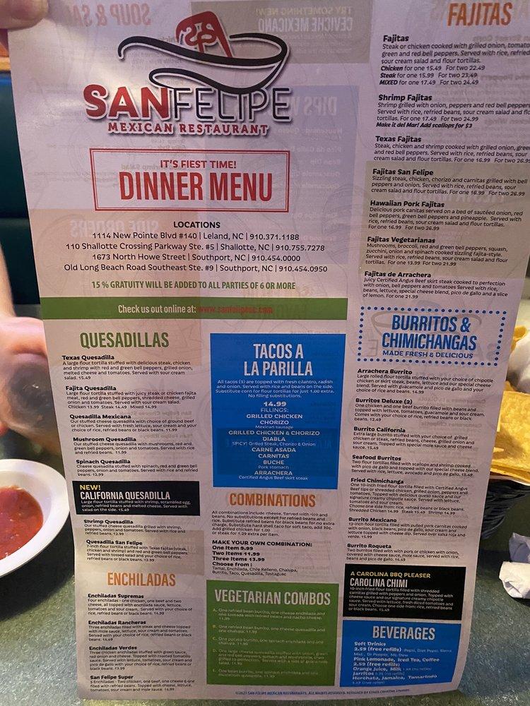 Menu at San Felipe Mexican Restaurant, Southport, Old Long Beach Rd SE #9
