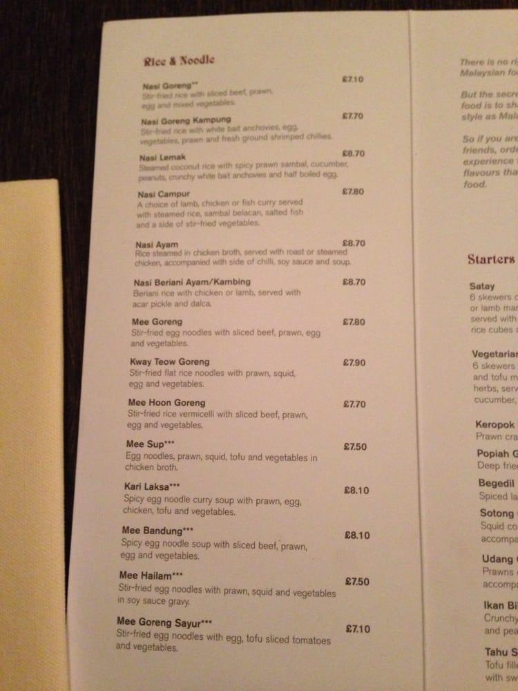 Menu at Satay House Malaysian Restaurant, London