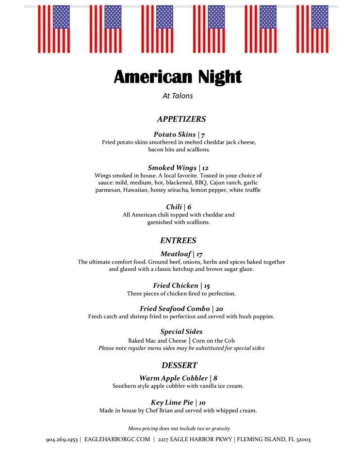 Menu at Talons Clubhouse Restaurant, Fleming Island