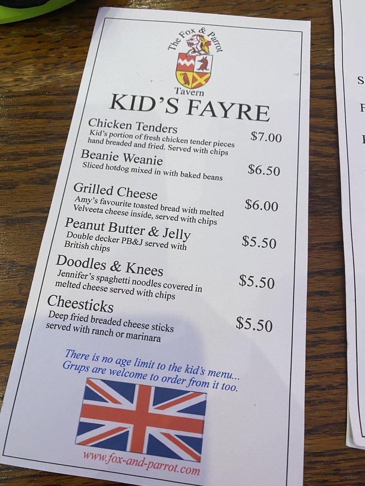 Menu at The Fox & Parrot Tavern pub & bar, Gatlinburg