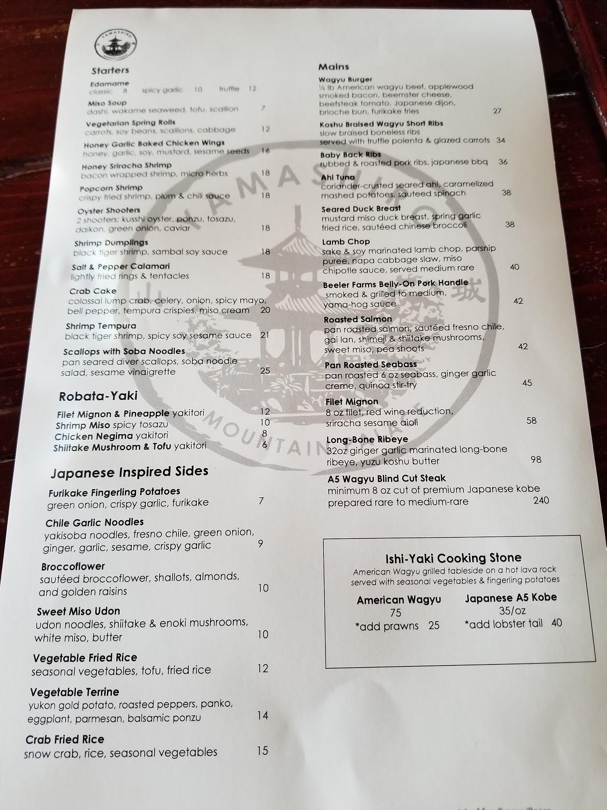 Menu at Yamashiro Hollywood restaurant, Los Angeles