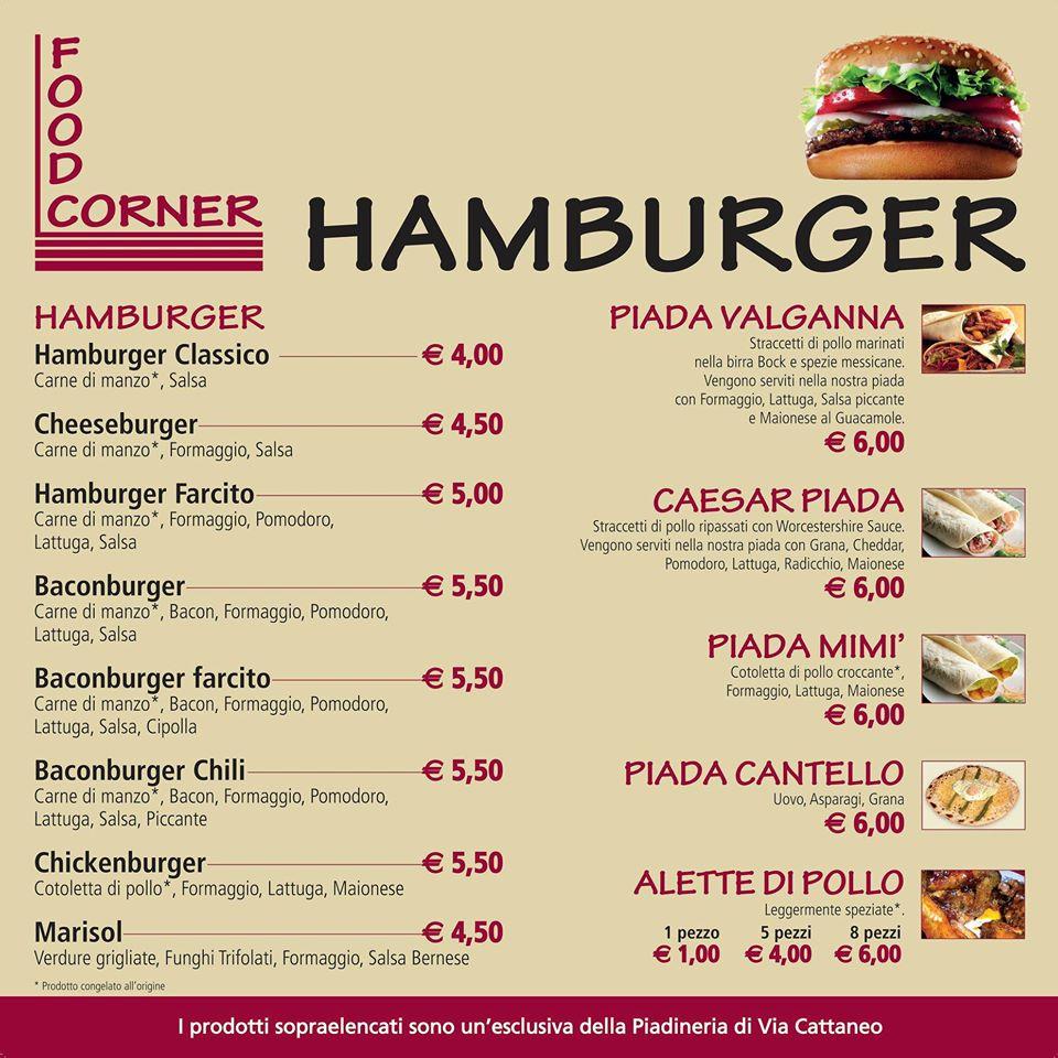 Menu at Food Corner restaurant, Varese, Via Carlo Cattaneo