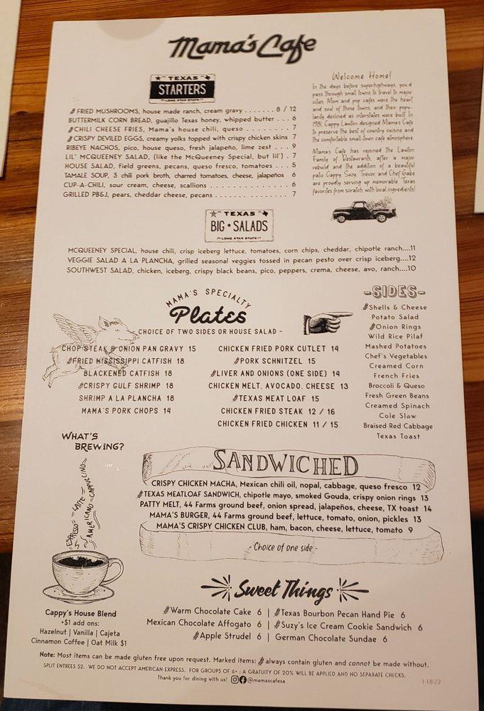 Menu at Mama's Cafe, San Antonio, Nacogdoches Rd