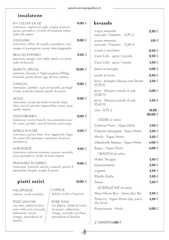 Menu da Due Spiga D'Oro Pasticceria, Stra