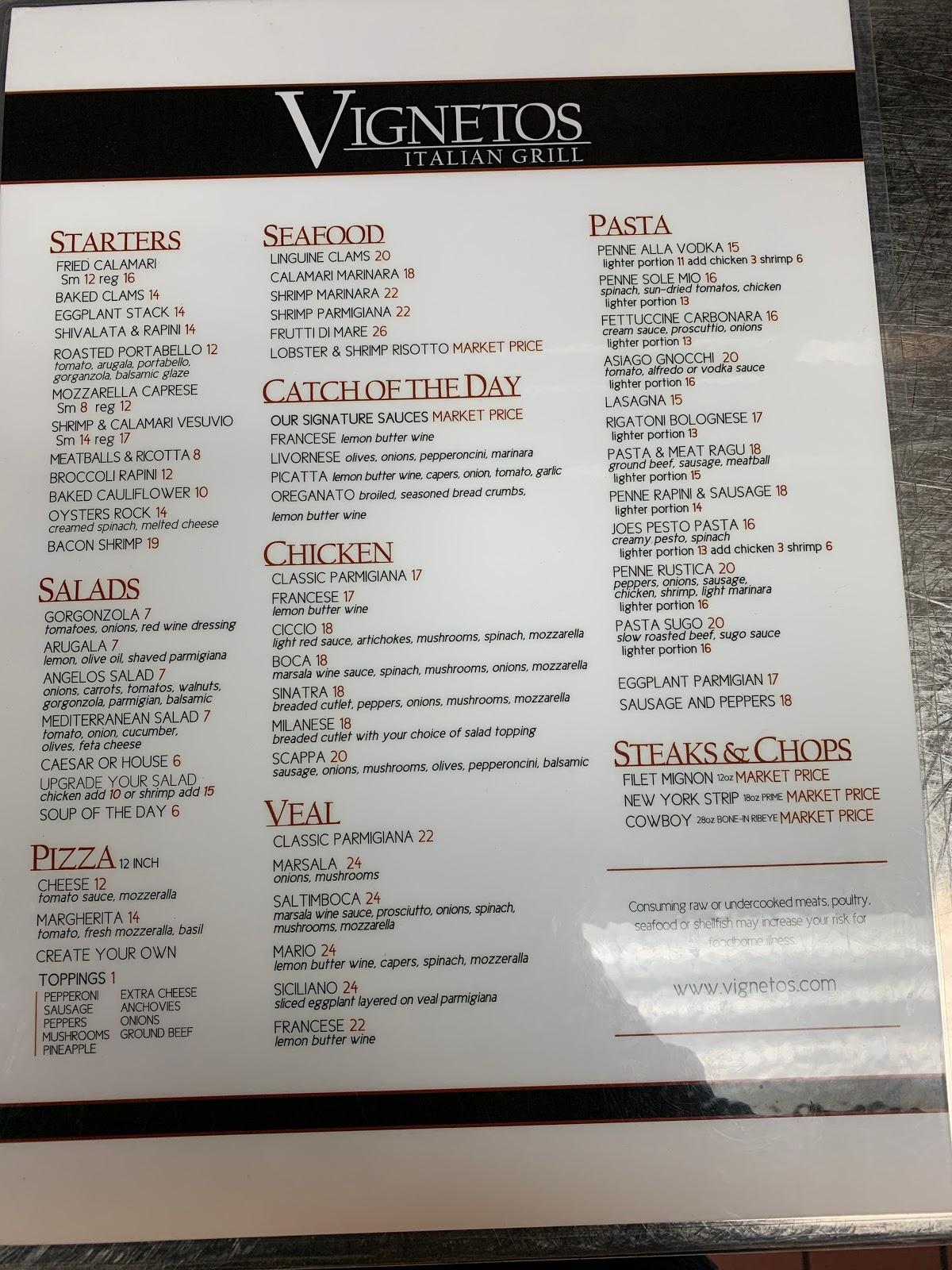 Menu at Vignetos Italian Grill pub & bar, Plantation, S University Dr