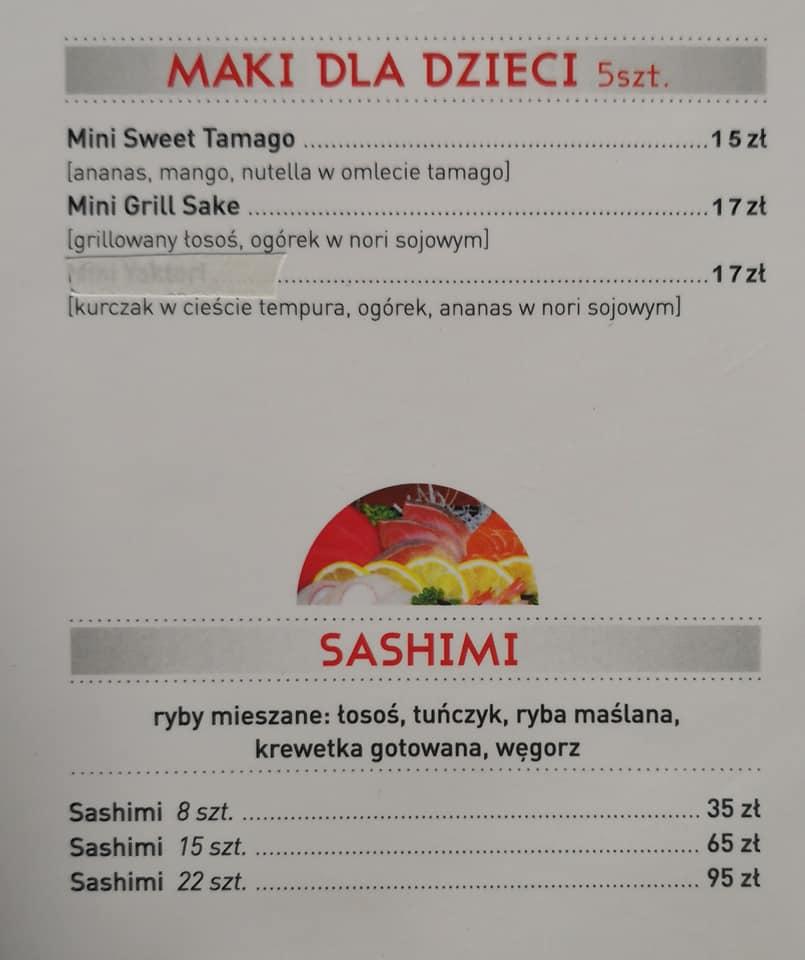 Menu at Yakuza Sushi restaurant, Warsaw, Łojewska 11