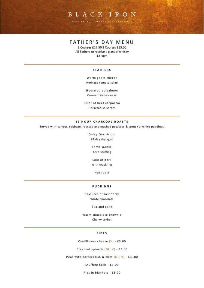 Menu at Black Iron steakhouse, Leicester