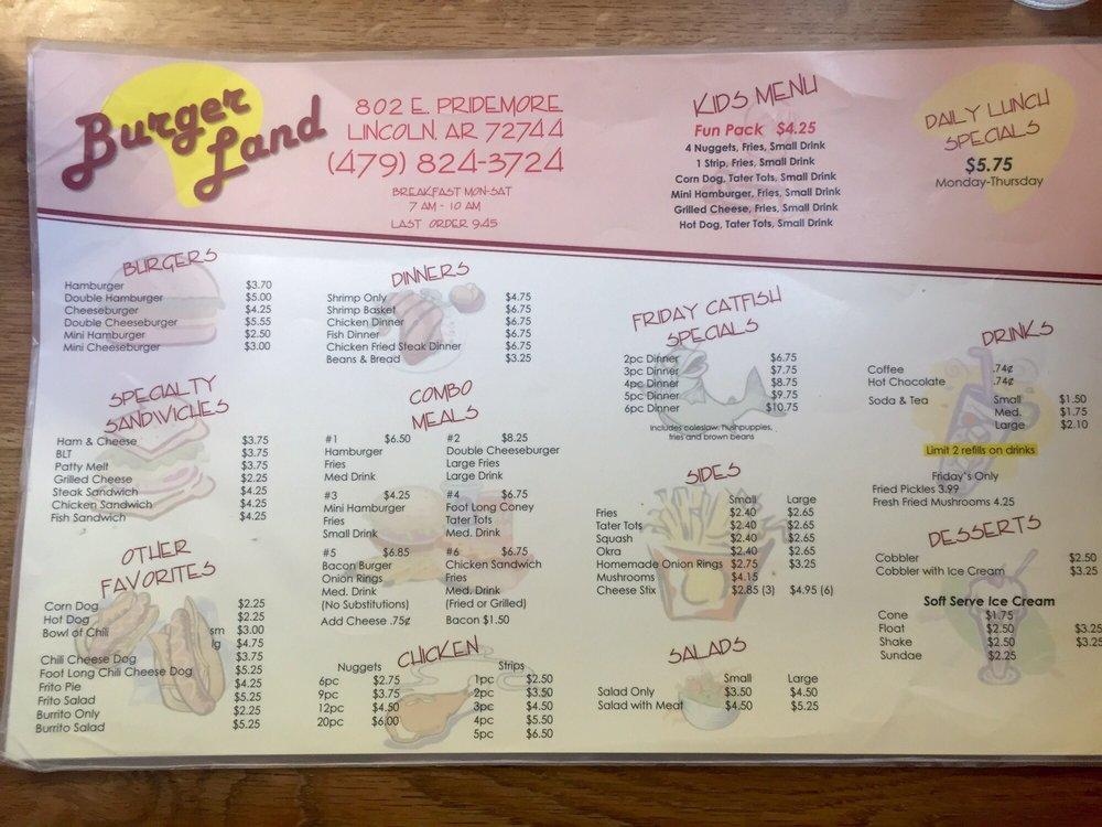 Menu at Burger Land restaurant, Lincoln