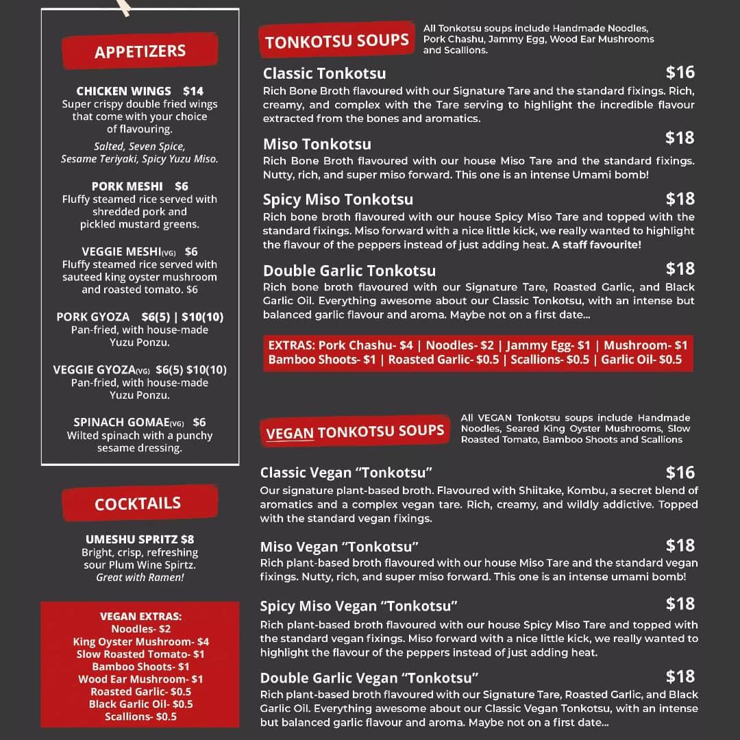 Carta del restaurante Ebisu Ramen, Rossland