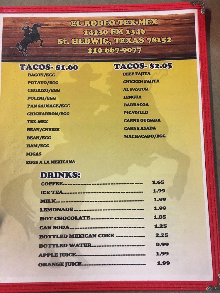 Menu at El Rodeo's Tex-Mex restaurant, Saint Hedwig