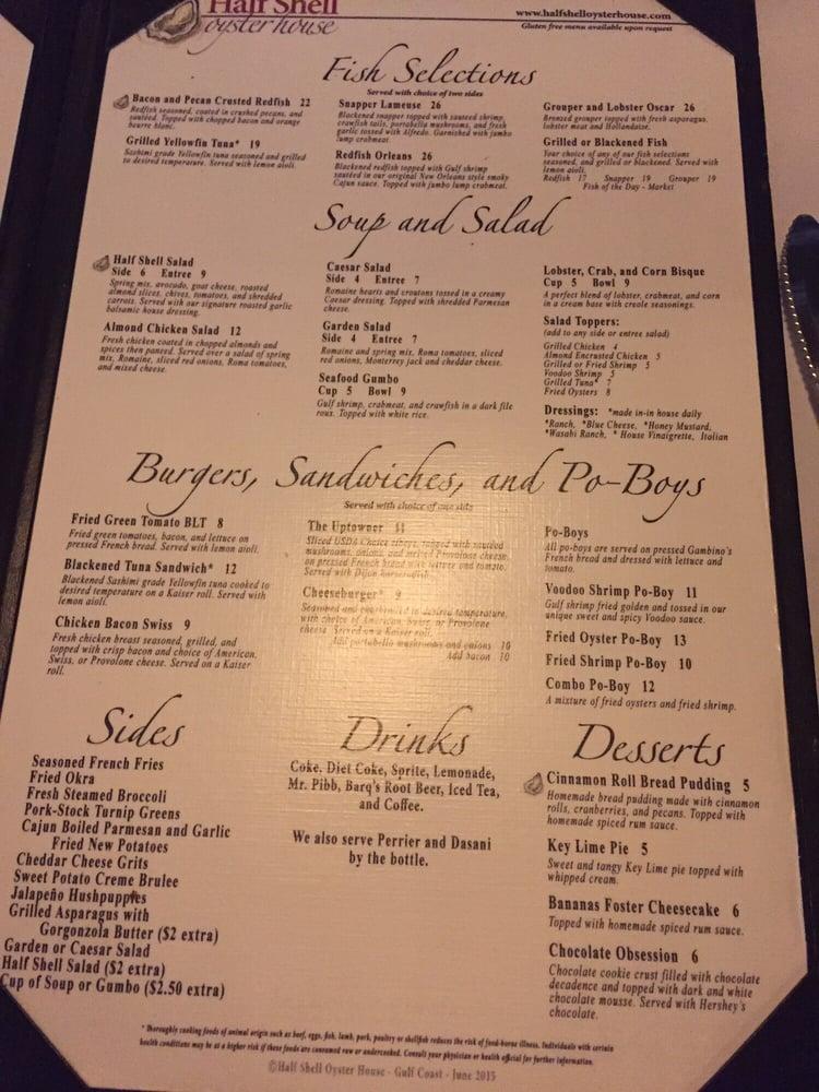 Menu at Half Shell Oyster House restaurant, Gulfport