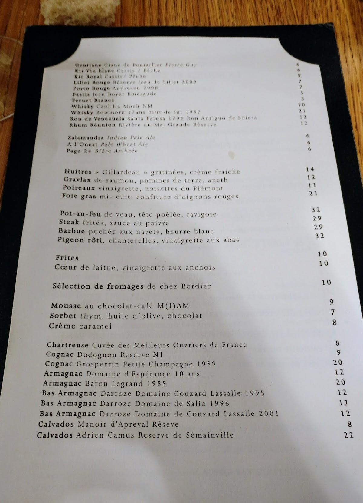 Menu at La Bourse et La Vie restaurant, Paris