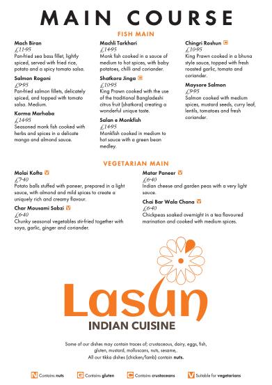Menu at Lasun restaurant, South Shields