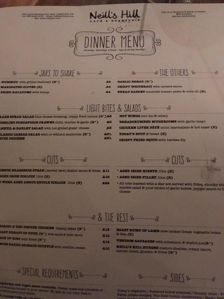 Menu at Neill's Hill Brasserie restaurant, Belfast