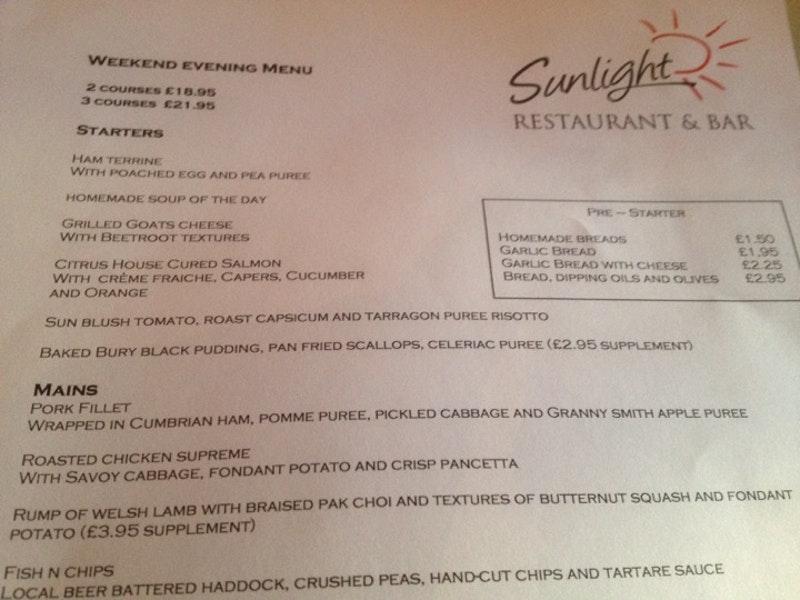 Menu at Sunlight Restaurant & Bar, Bebington