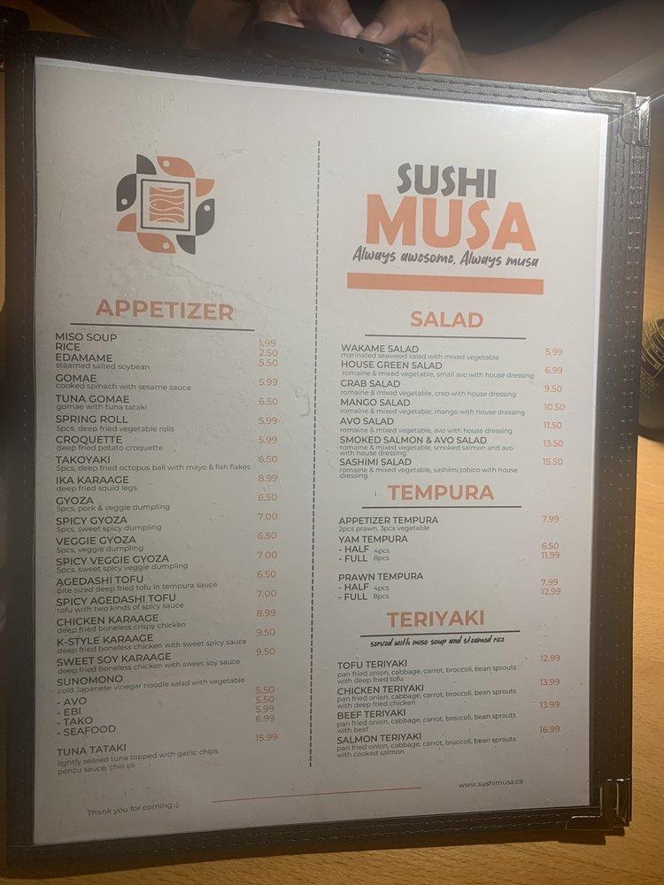 Menu at Sushi Musa restaurant, Langley Township