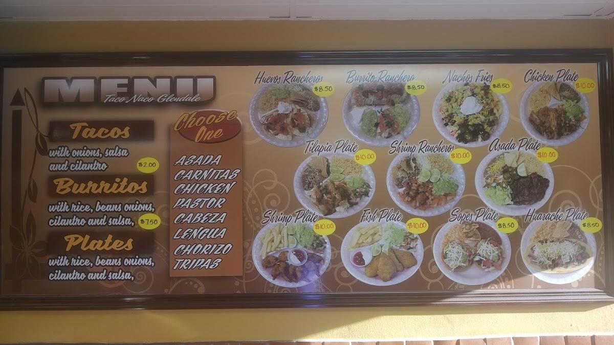 Menu at Taco Naco restaurant, Glendale