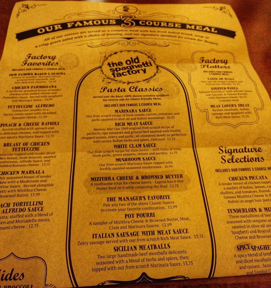 Menu at The Old Spaghetti Factory restaurant, Carmel