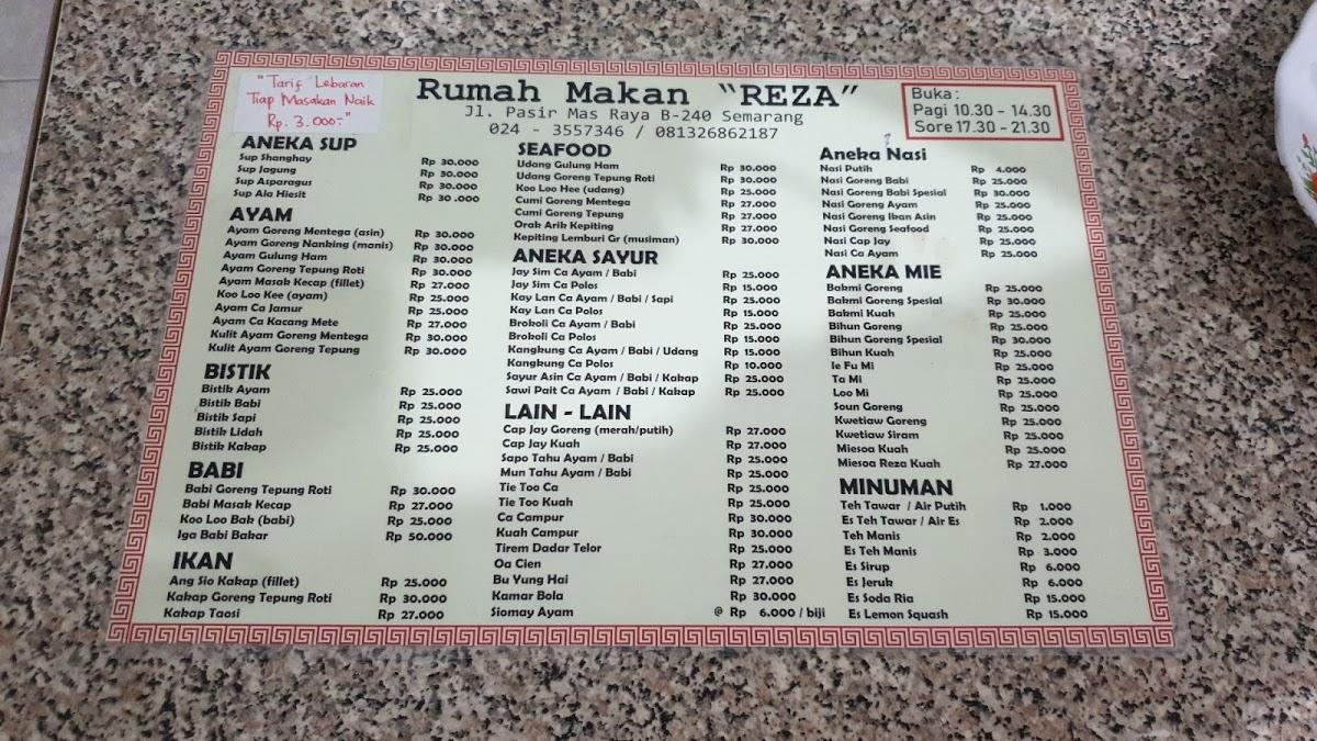 Menu at RM Reza Chinese Food restaurant, Semarang