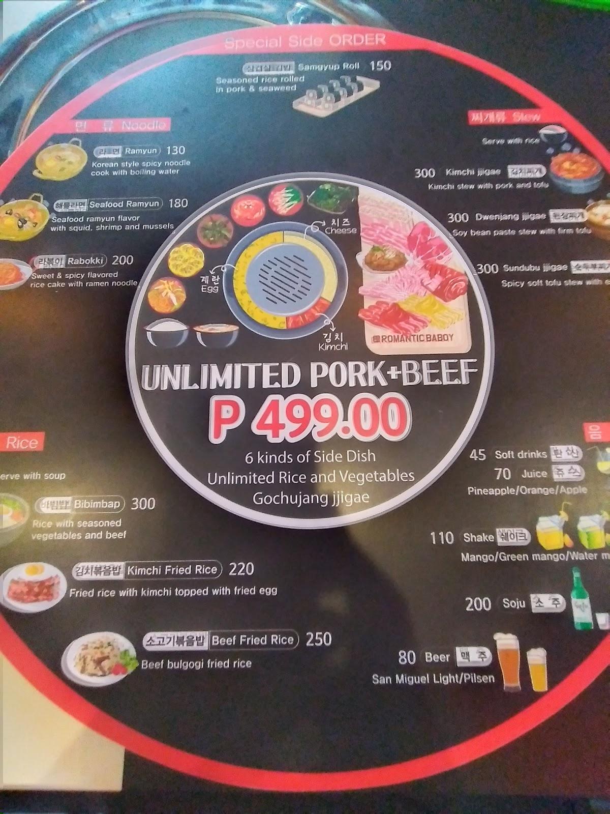 Menu at Romantic Baboy restaurant, Bacolod