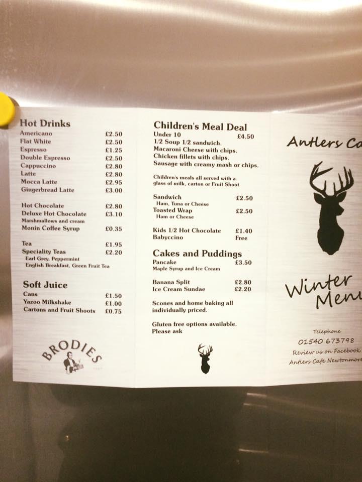 Menu at Antlers Cafe, Newtonmore