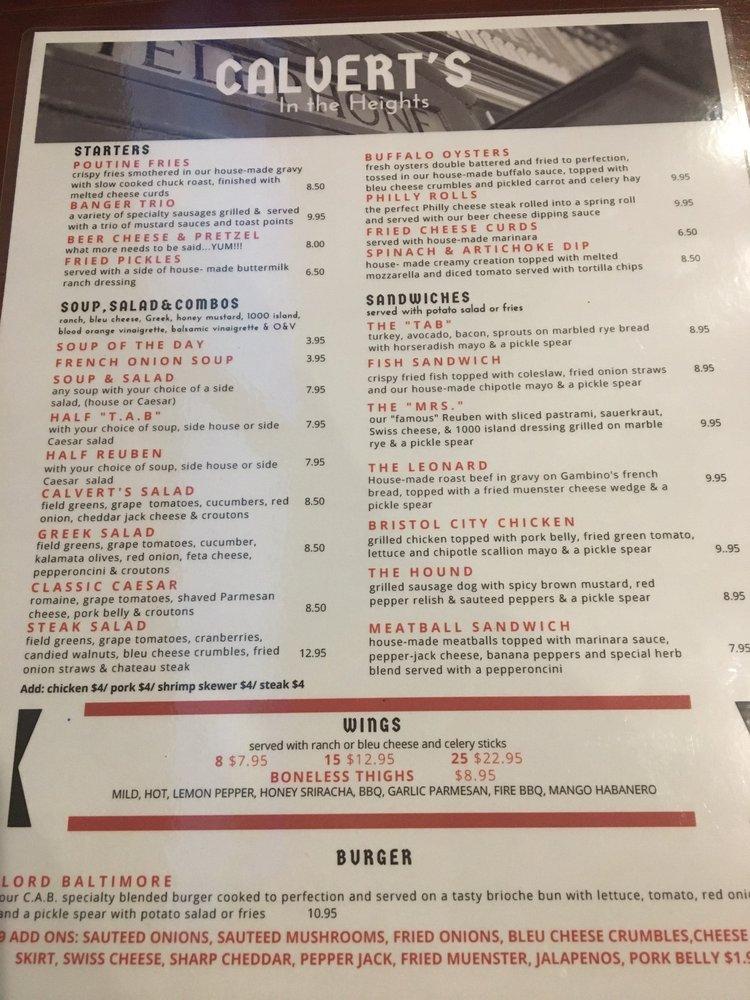 Menu at Calvert's in the Heights pub & bar, Pensacola