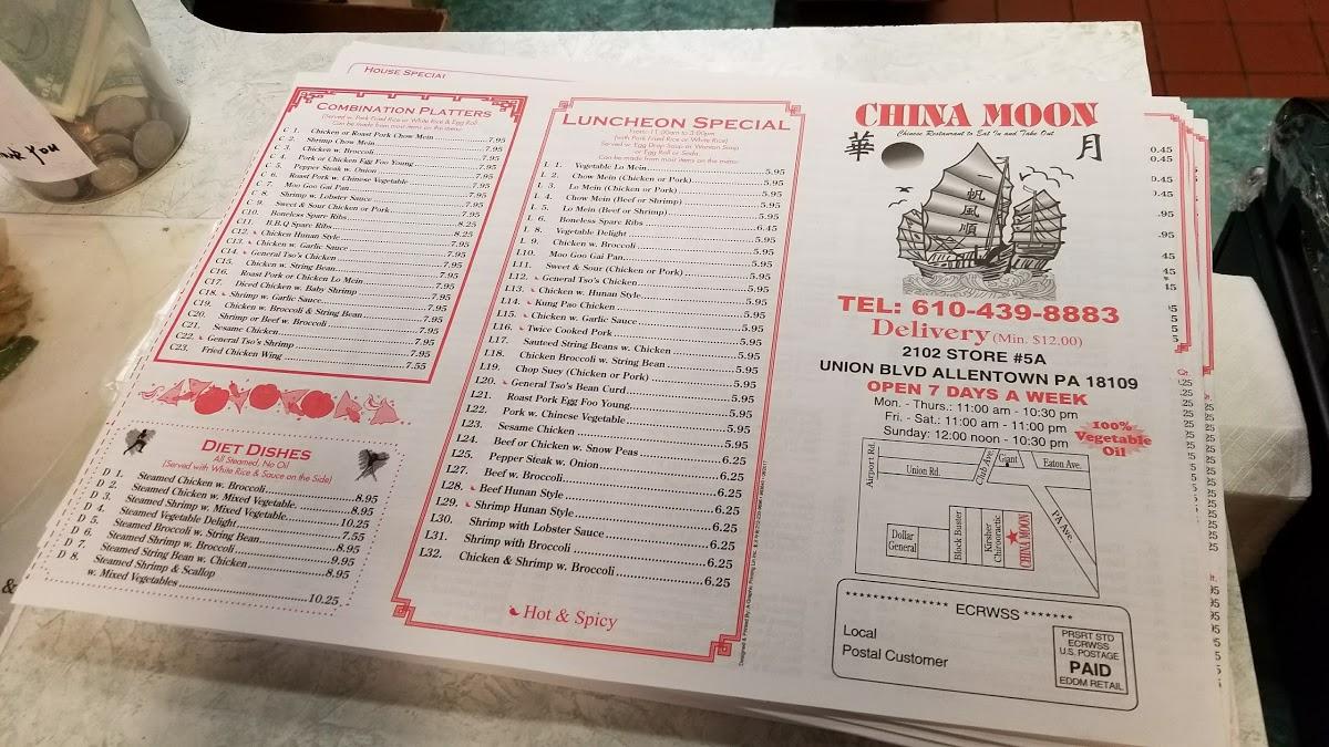 Menu at China Moon Restaurant, Allentown, Union Blvd