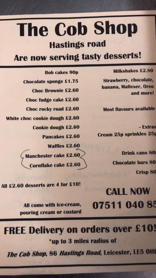 Menu at The Cob Shop, Leicester, 86 Hastings Rd