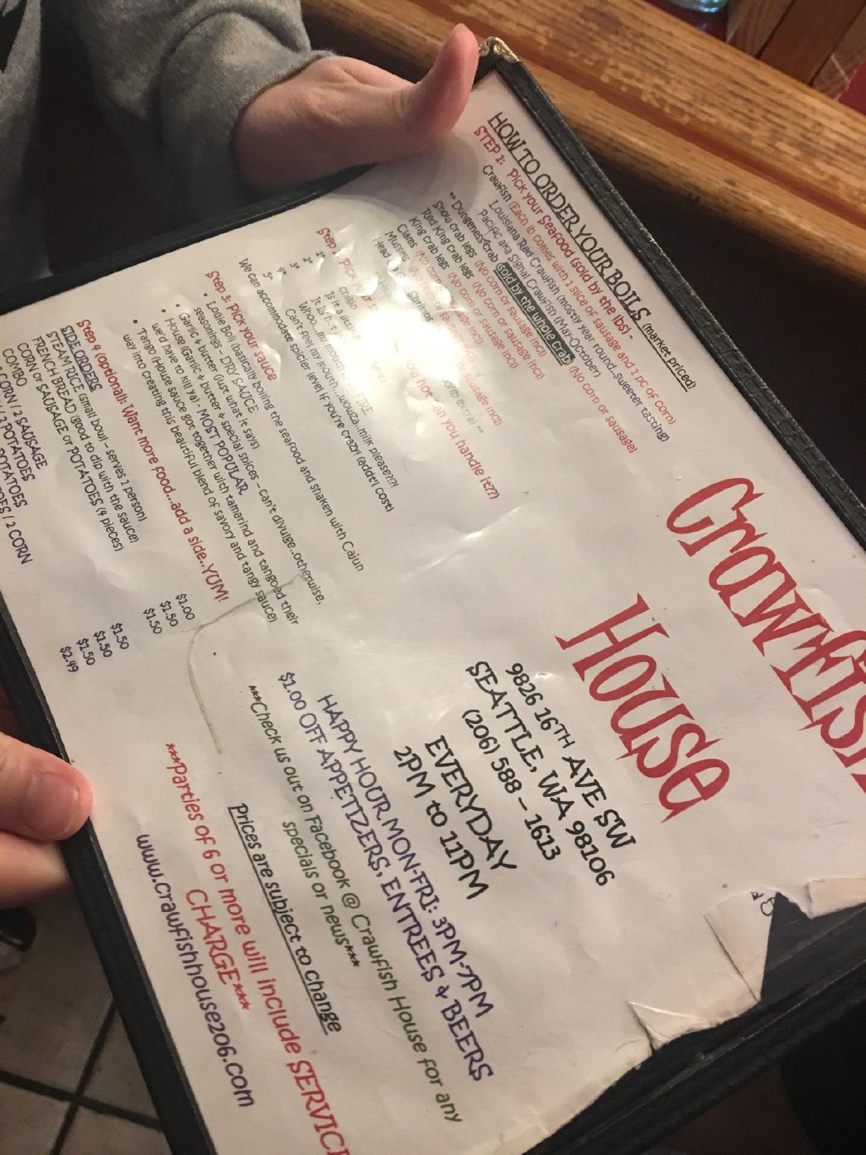 Menu at Crawfish House restaurant, Seattle