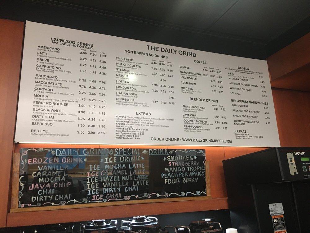 Menu at Daily Grind cafe, Baltimore, 615 N Wolfe St