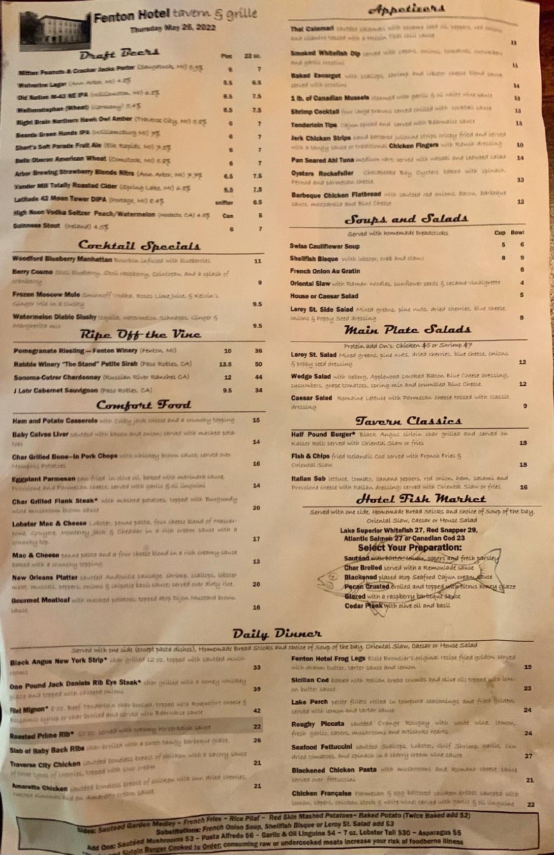 Menu at Fenton Hotel Tavern & Grille steakhouse, Fenton