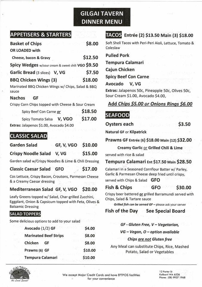 Menu at Gilgai Tavern pub & bar, Kalbarri