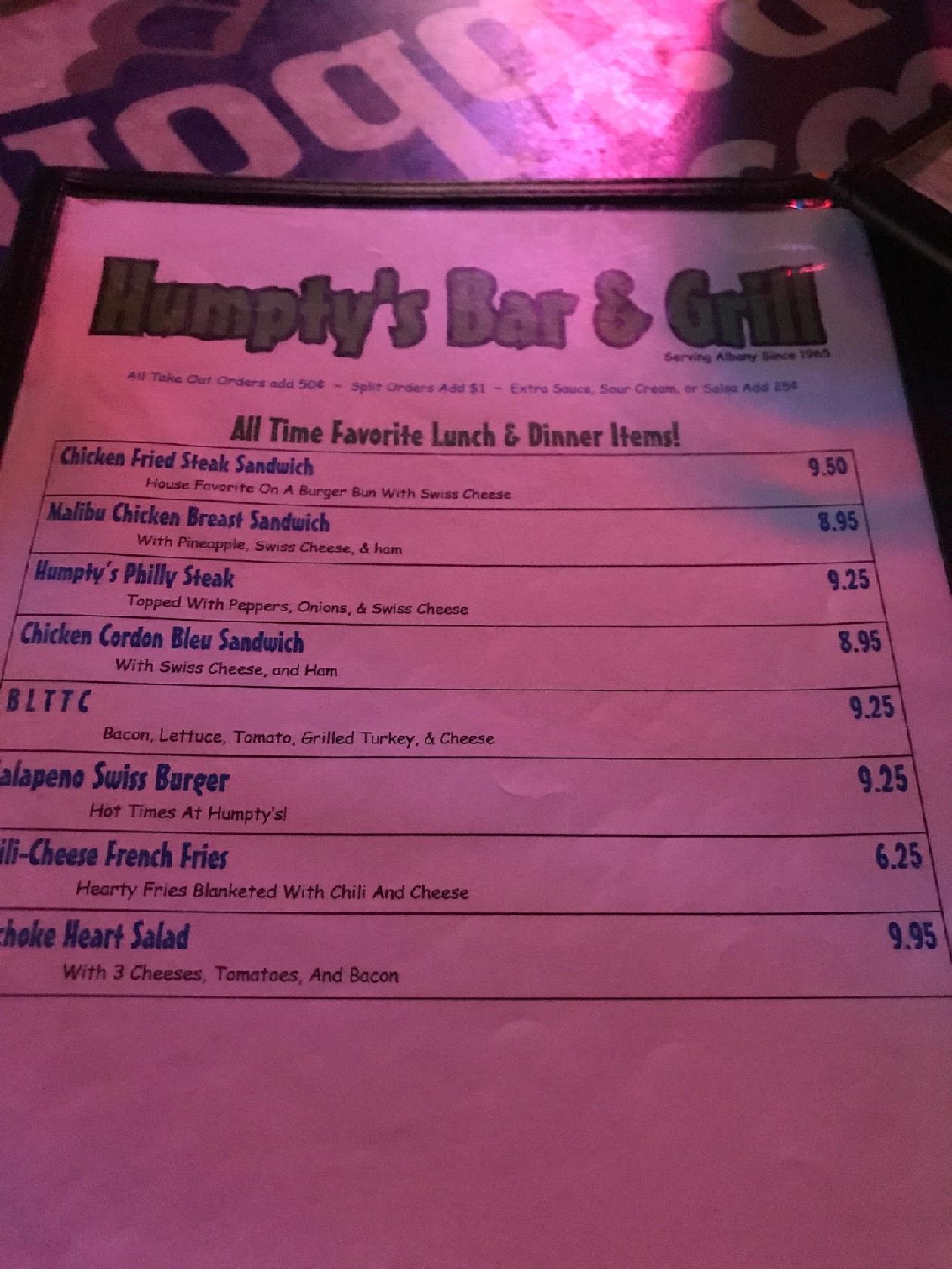 Menu at Humpty's Dump Bar & Grill, Albany